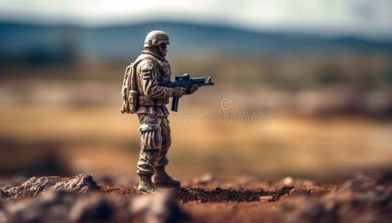 Plastic Toy Soldier Aims Rifle on Battlefield Generated by AI Stock ...