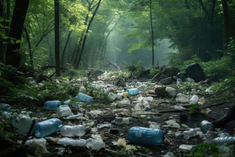 Plastic Trash in the Forest. Pollution of Environment Concept, Garbage ...
