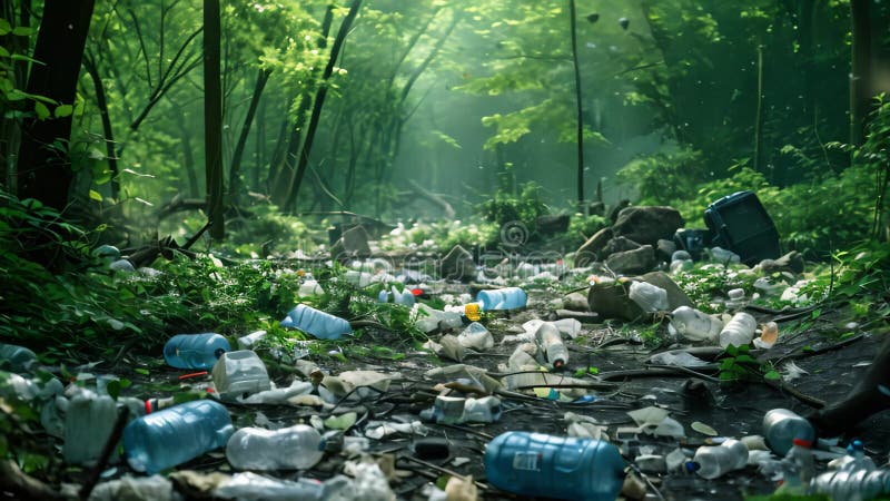 Plastic Trash in the Forest. Pollution of Environment Concept, Garbage ...