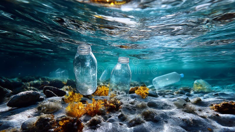 Plastic Trash in the Ocean. Environmental Pollution. Sea is Covered in ...