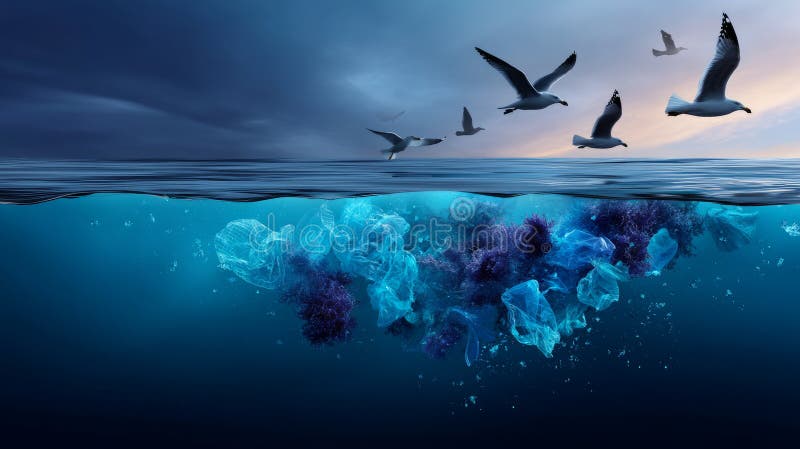 Plastic Trash in the Ocean. Environmental Pollution. Sea is Covered in ...