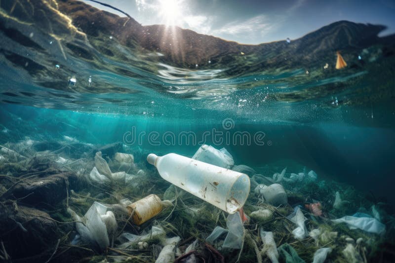 Plastic Trash, Pollution & Garbage Underwater in the Ocean. Generative ...
