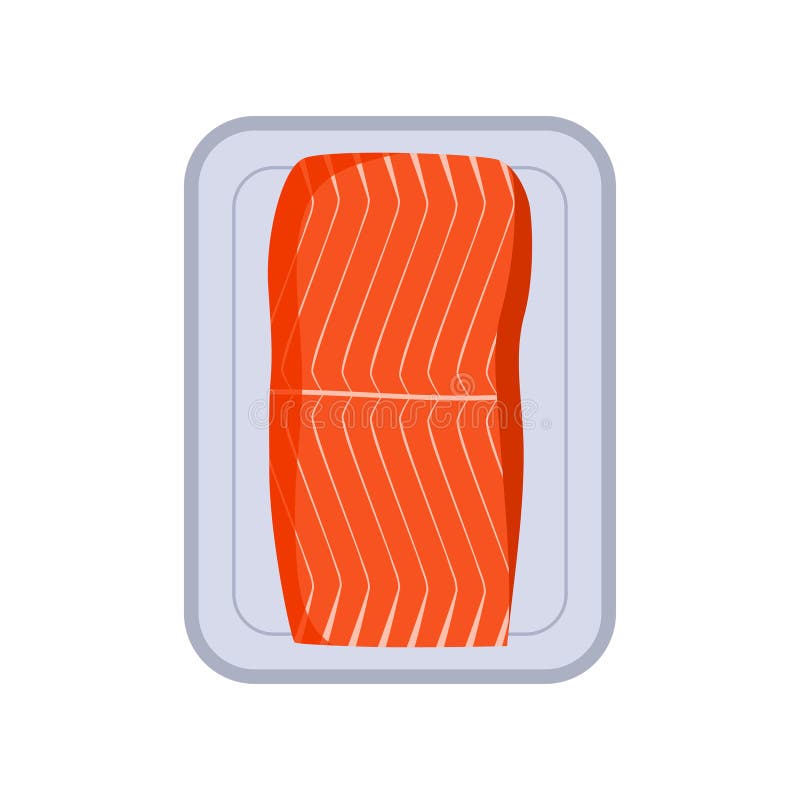 Plastic Tray with Salmon Fillet, Top View of Rectangular Container with ...