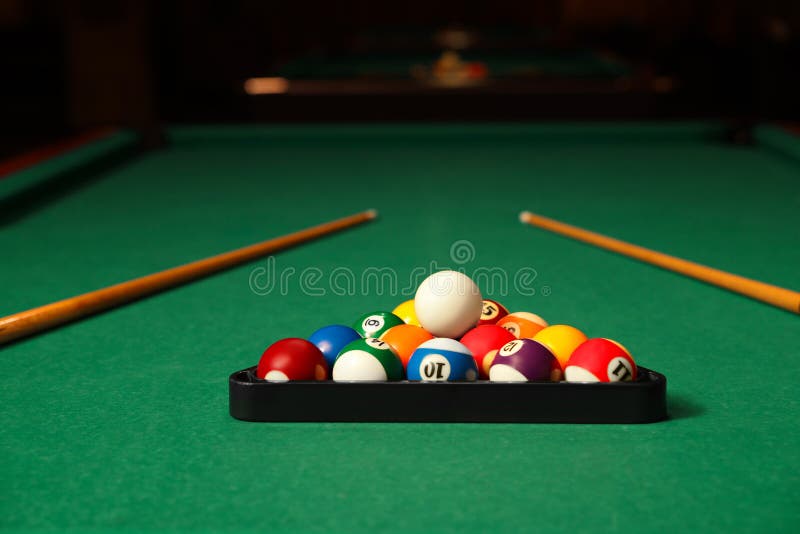 Rack for Billiard Balls. Set for Playing Billiards. Cues and Billiard ...