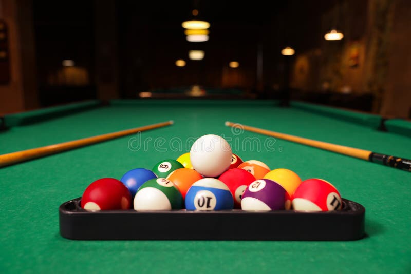 Rack for Billiard Balls. Set for Playing Billiards. Cues and Billiard ...