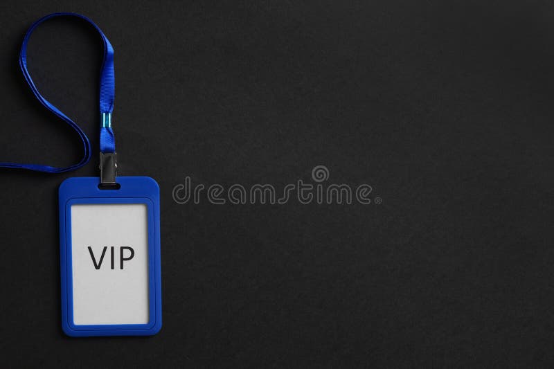 Plastic Vip Badge on Black Background, Top View. Space for Text Stock ...