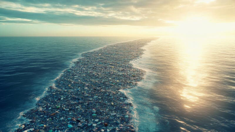 Plastic Waste Accumulation in the Ocean at Sunset Stock Illustration ...