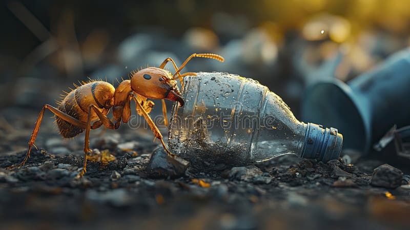 Plastic Waste. Ant Cleans Plastic and Garbage. Environmental Pollution ...