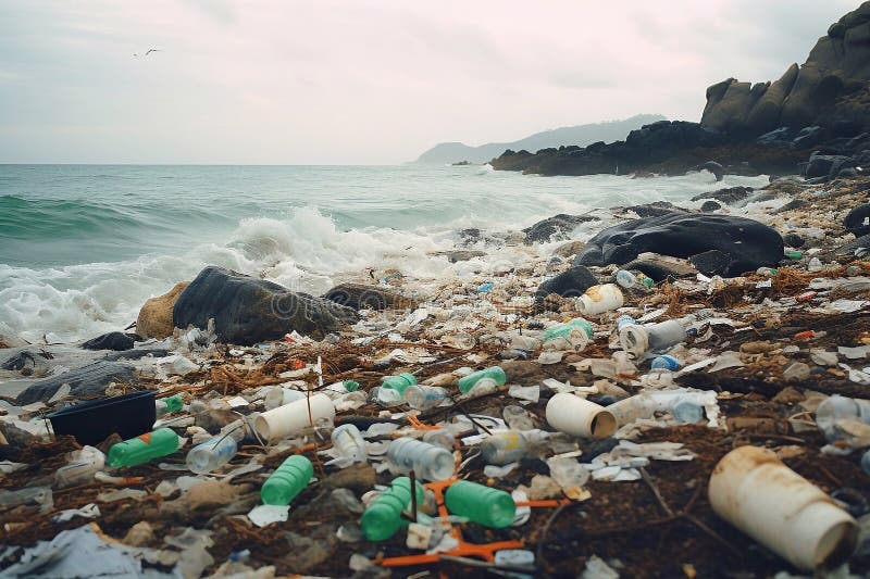Plastic Waste on the Beach, Pollution of the Ocean Stock Illustration ...