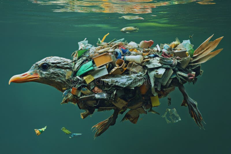 Plastic Waste Bird Swimming in Ocean Amid Pollution and Debris Stock ...