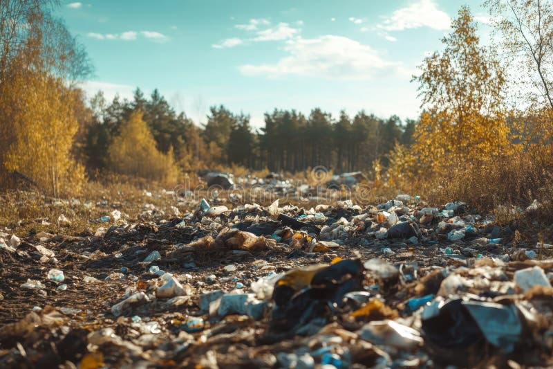 A Polluted Landscape Filled with Litter in a Forested Area during a ...
