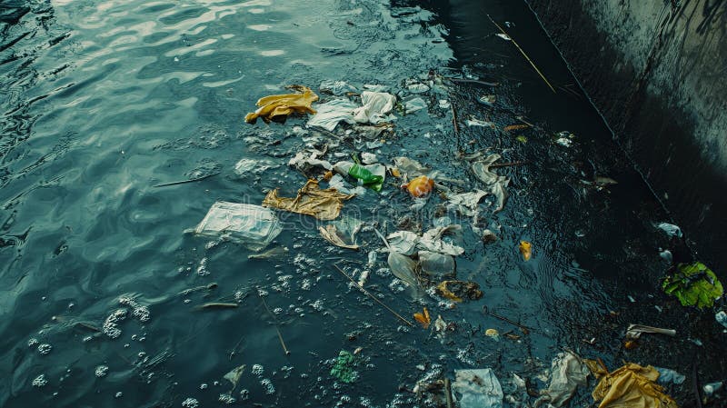 Plastic Waste Floating in Polluted Waterway Highlighting Environmental ...