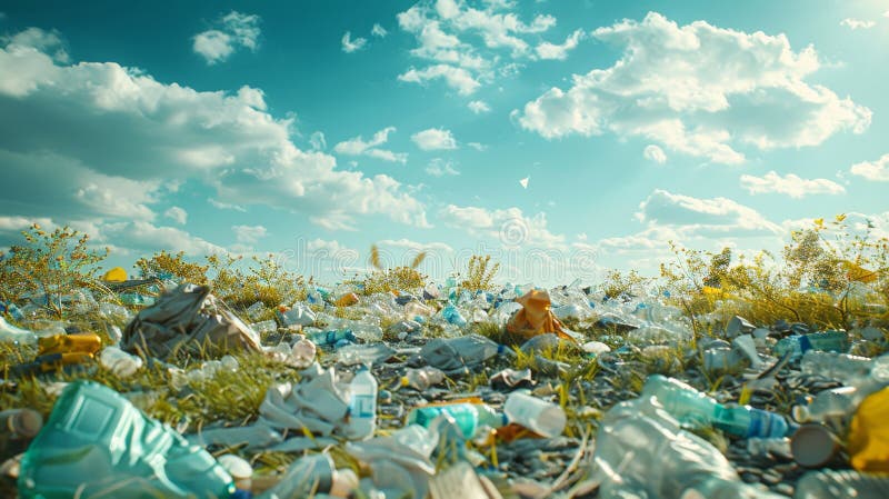 Plastic Waste in Landscape Under Blue Sky, Message on Single Use ...