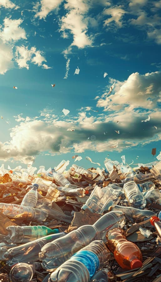Plastic Waste in Landscape Under Blue Sky, Showing Environmental Impact ...