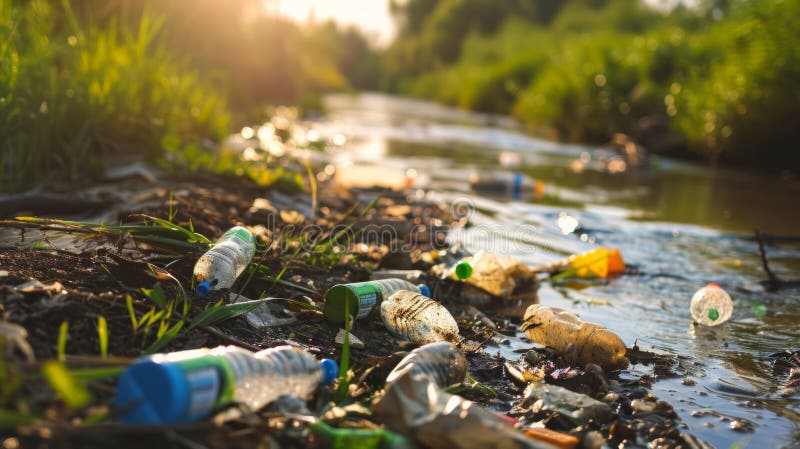 Plastic Waste Litters a Stream in a Natural Landscape, Showcasing the ...