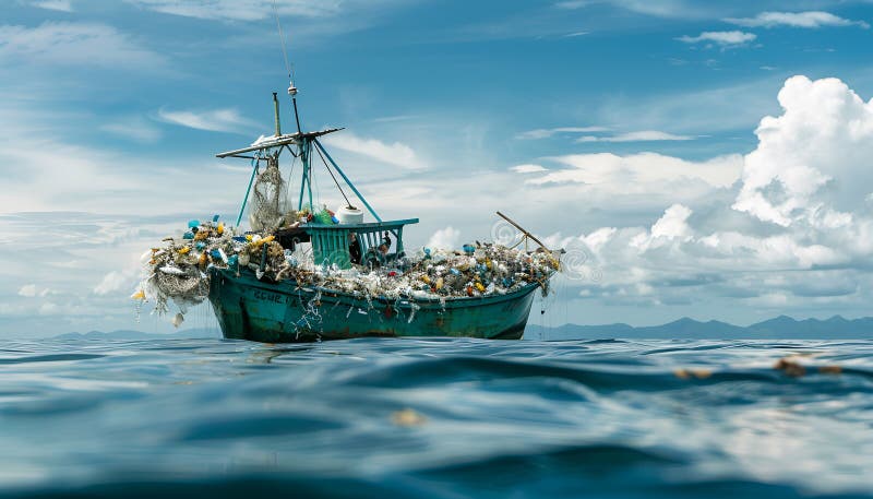 Plastic Waste in the Ocean a Fishing Boat Against a Backdrop of a ...