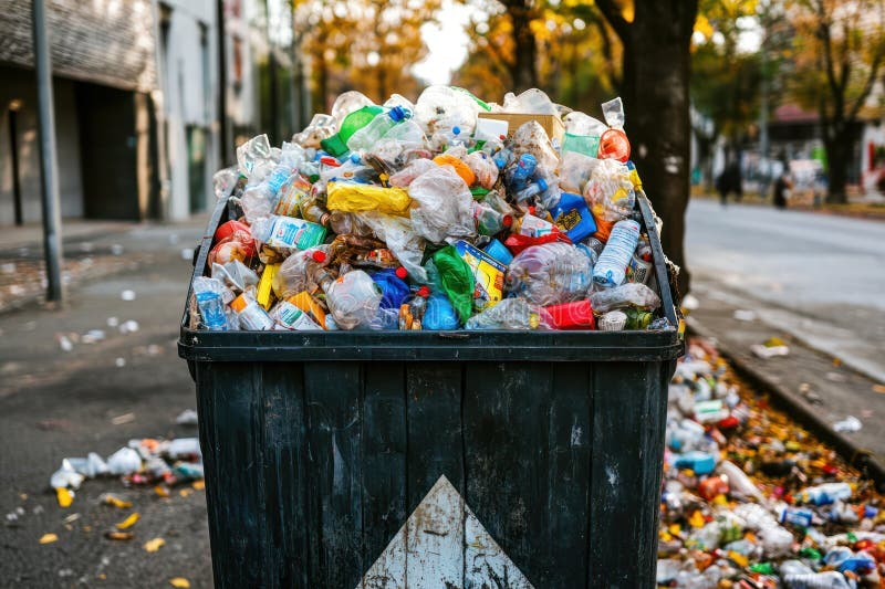 Plastic Waste Overflowing from Urban Recycling Bin Stock Photo - Image ...