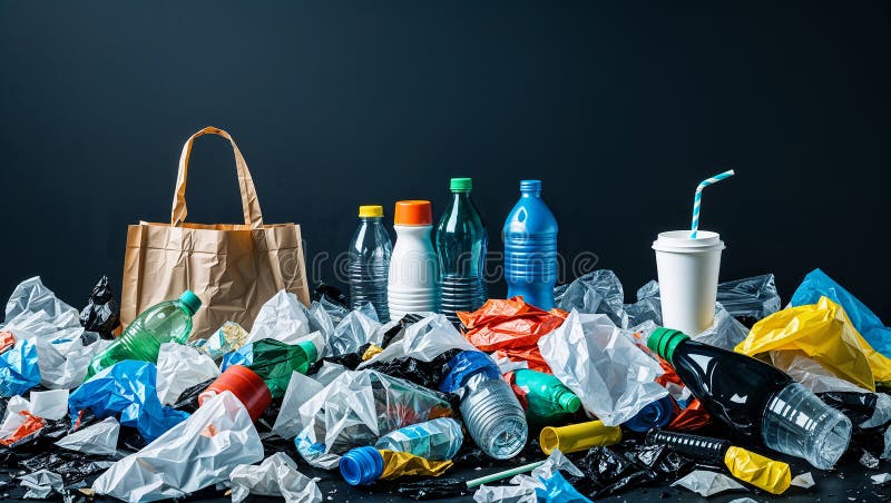 Plastic Waste Polluting Environment with Bottles, Bags, and Paper Cup ...