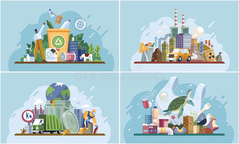 Plastic Waste Pollution Illustration Set. Bags and Bottles Waste ...