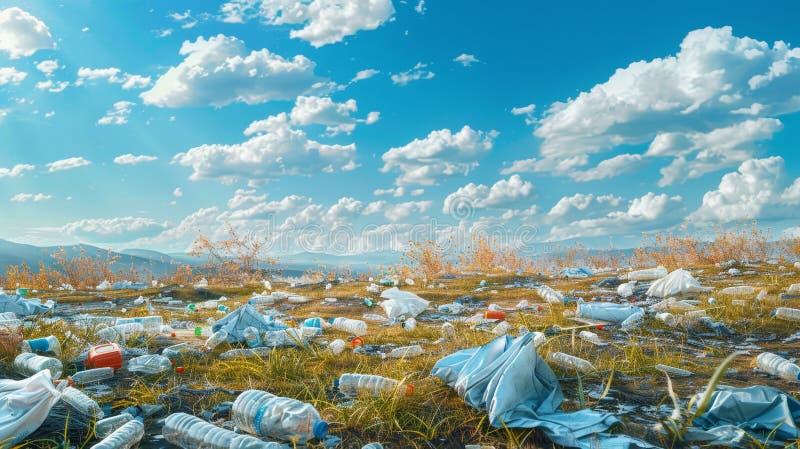 Plastic Waste Pollution on Landscape Under Clear Sky, Highlighting Single Use Plastic Issue ...
