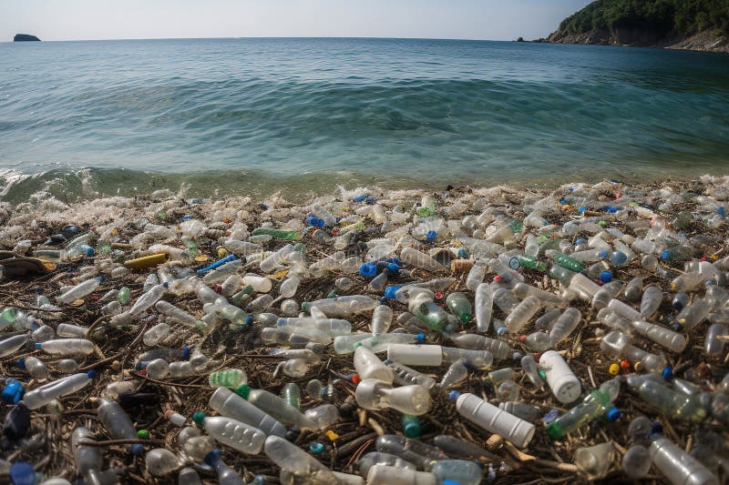 Plastic Waste on Sea or Ocean Shore. Global Pollution. Generative AI ...
