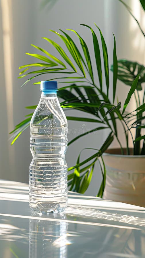 Plastic Water Bottle with Blue Cap on Reflective Surface Near Green ...