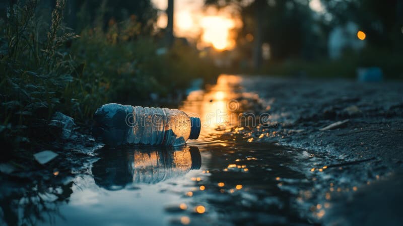 Plastic Water Bottle in a Puddle at Sunset Stock Photo - Image of ...