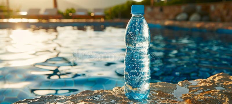 Plastic Water Bottle by Resort Pool with Natural Backdrop, Highlighting ...