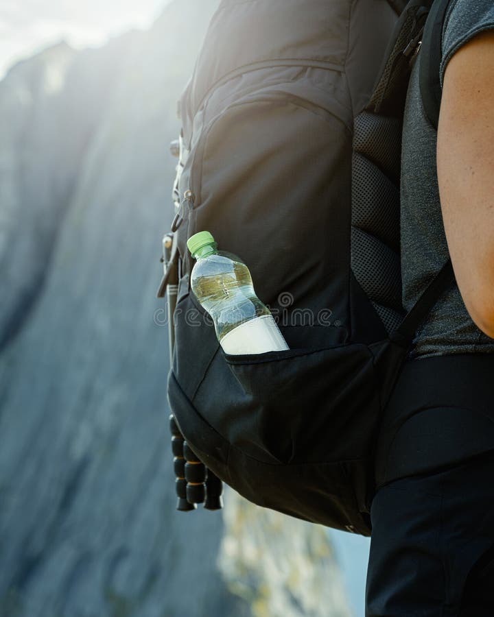 Plastic Water Bottle in Side of Backpack during Trekking Stock Image ...