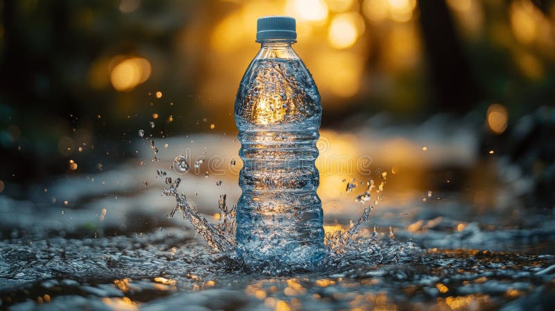 Plastic Water Bottle Splashing in a Stream with Golden Sunset Glow ...