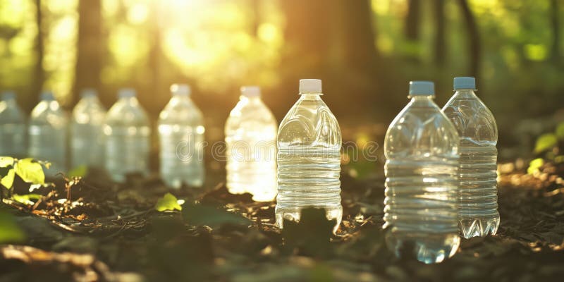 Plastic Water Bottles Arranged Forest Setting Sunlight Filtering Trees ...