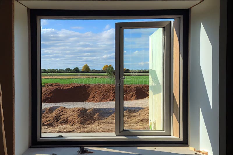 Plastic Window Being Installed into New House, with View of Finished ...