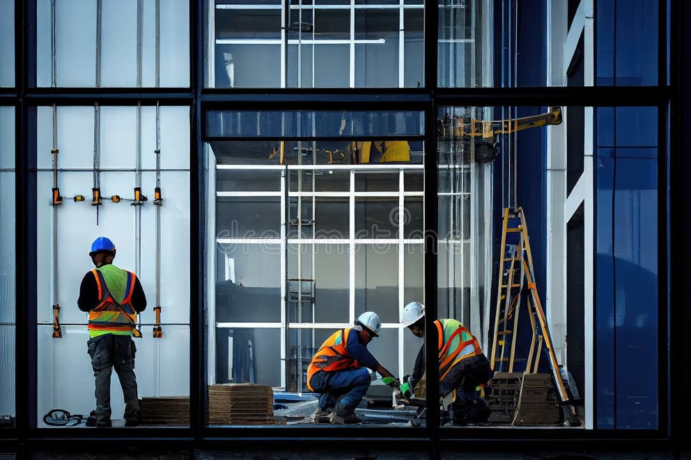 Plastic Windows Being Installed in Building, with Workers on ...