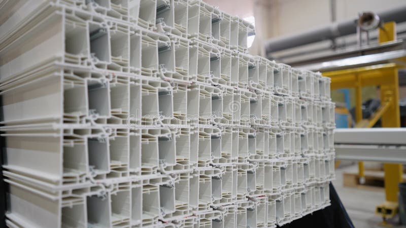 Plastic Windows Profile on Warehouse. PVC Production Line Stock Video ...