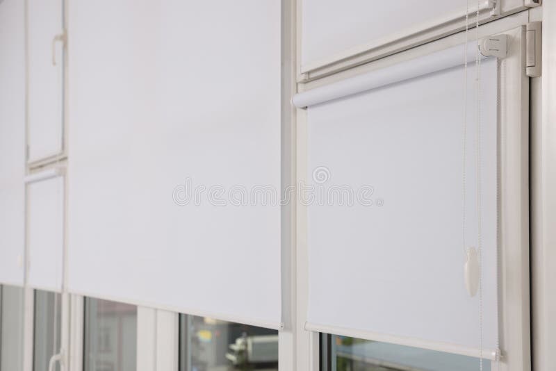 Plastic Windows with White Roller Blinds Indoors Stock Photo - Image of ...