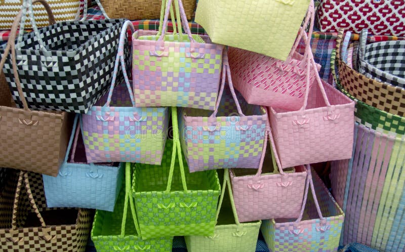 Plastic Woven Baskets Stacked Together in Different Colors Stock Image ...