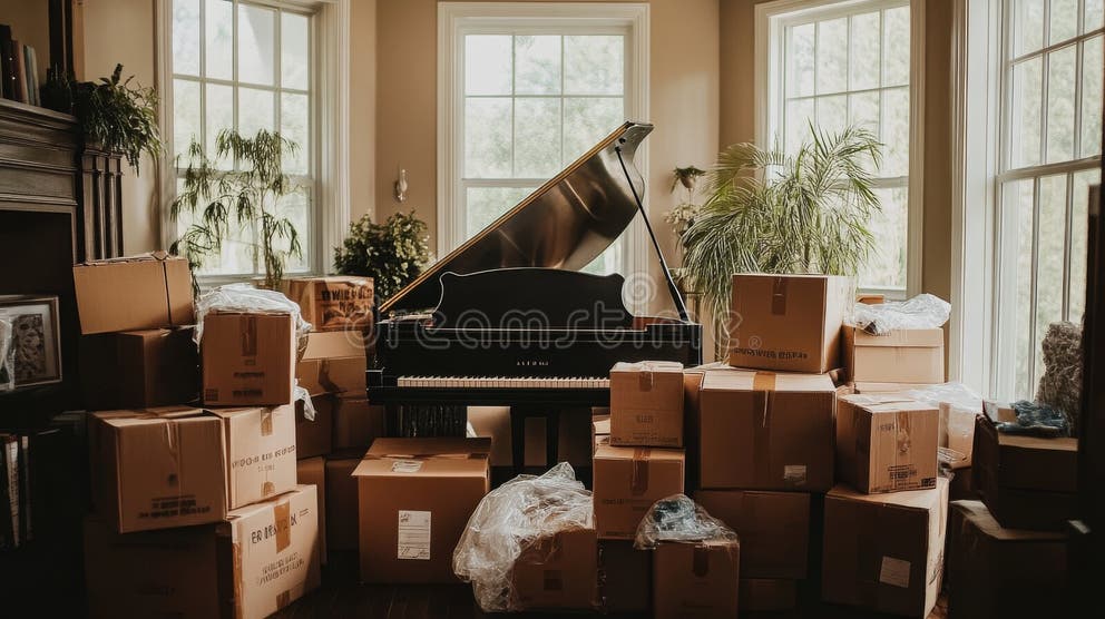Plastic-wrapped Grand Piano Surrounded by Boxes. Stock Photo - Image of ...