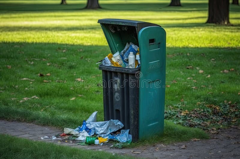 Plastice Bottle Bin Overflowing With Trash In Public Park Stock Image