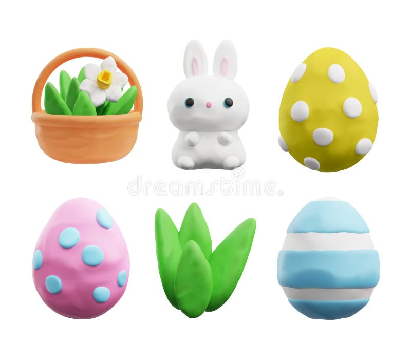 Plasticine Eggs, Rabbit, Grass and Basket with Flower 3D Style Stock ...