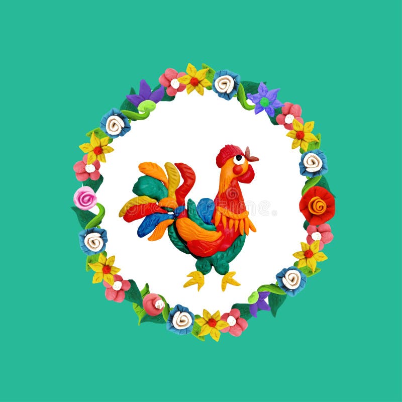 Plasticine Rooster Portrait with Floral Frame Stock Illustration ...