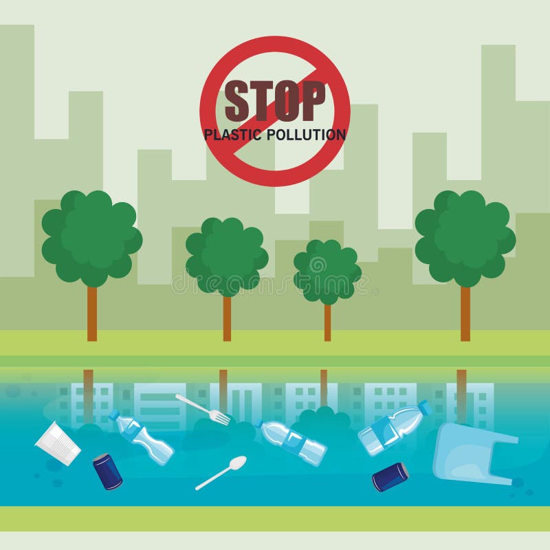 Plastics Waste Pollution in the River and City Stock Illustration ...