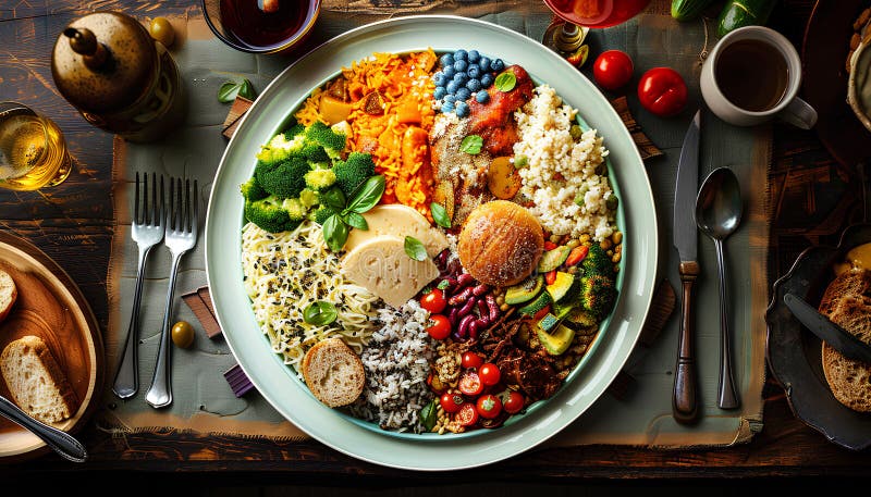 Plate with All the Food in the World Stock Illustration - Illustration ...