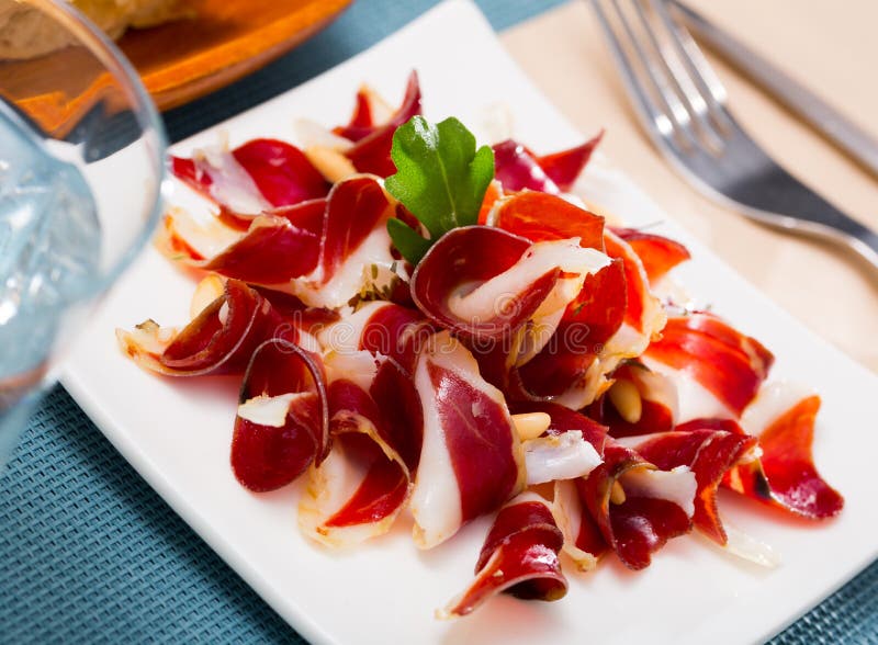 Plate of Appetizing Duck Jamon Stock Photo - Image of pieces, rustic ...