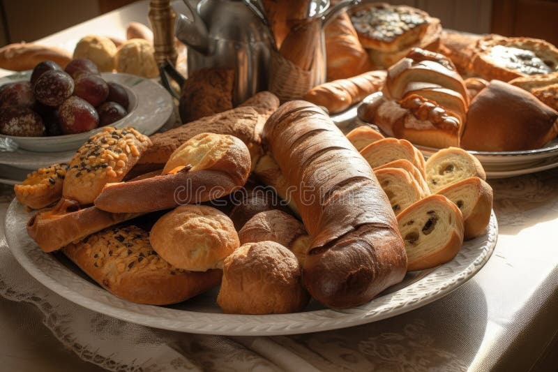 Plate of Assorted Breads, Baked in Different Shapes and Sizes Stock ...