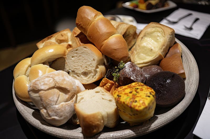 Plate of Assorted Breads and Rolls, Each Unique in Its Own Way Stock ...