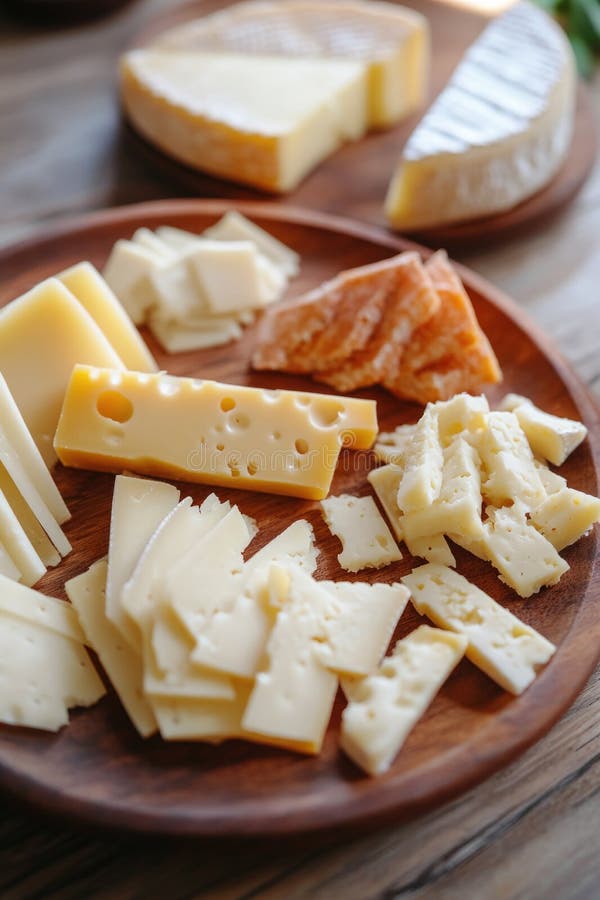 Plate of Assorted Cheeses is on a Wooden Table Stock Photo - Image of ...