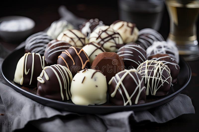 Plate of Assorted Chocolate Truffles with Drizzle of White and Milk ...