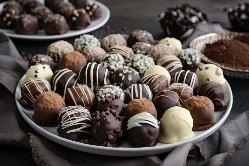 Plate of Assorted Chocolate Truffles with Drizzle of White and Milk ...