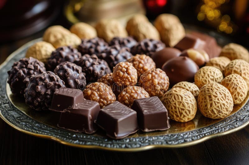 A Plate of Assorted Chocolates and Nuts Arranged on a Table, Perfect ...
