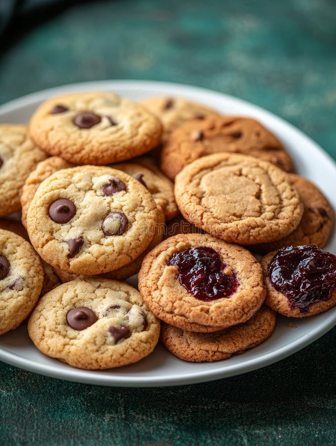 Plate of Assorted Cookies with Chocolate Chips and Jam. Stock Photo ...